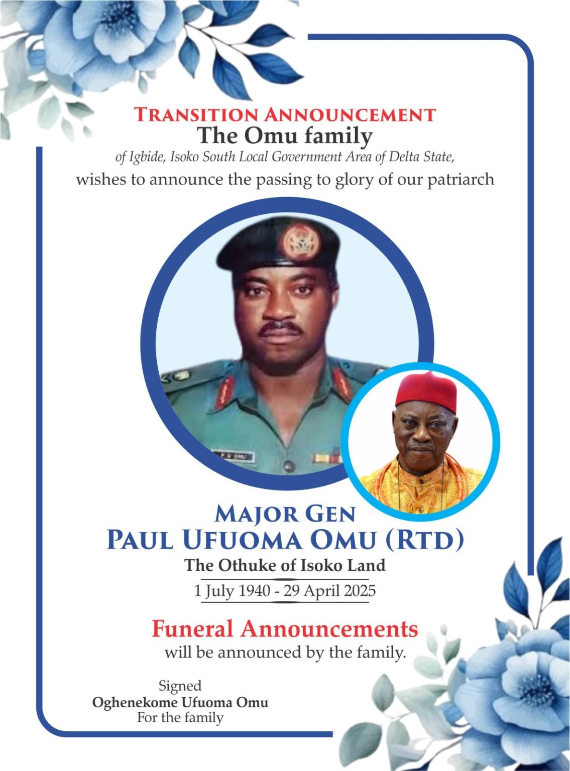Omu Family Announces The Passing Of Major General Paul Ufuoma Omu (Rtd) – Politics Governance